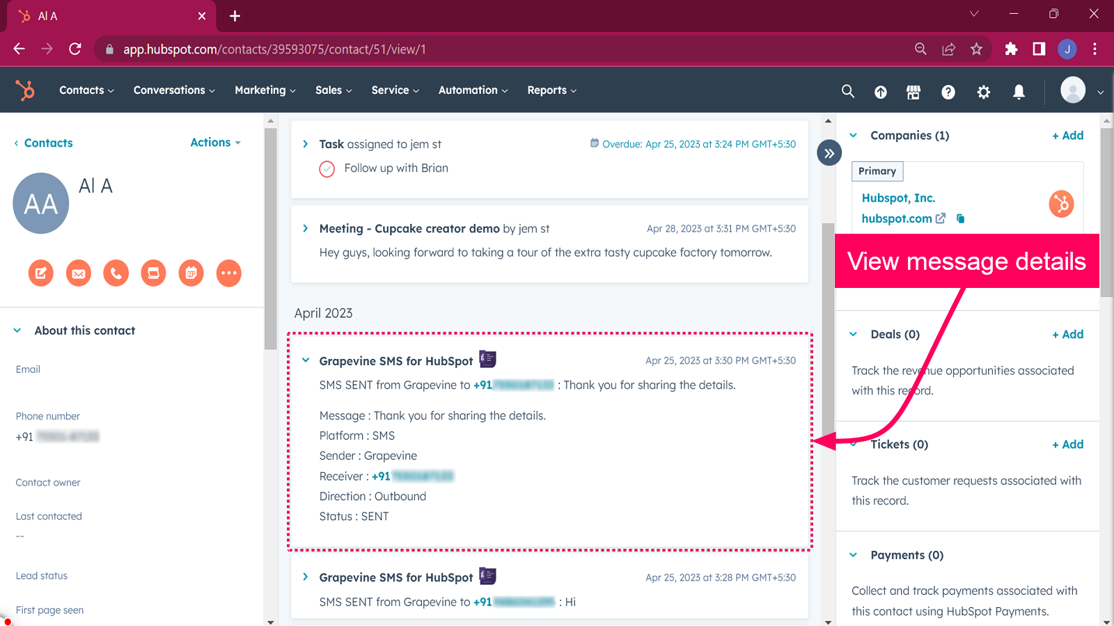 Grapevine SMS for HubSpot HubSpot Integration | Connect Them Today